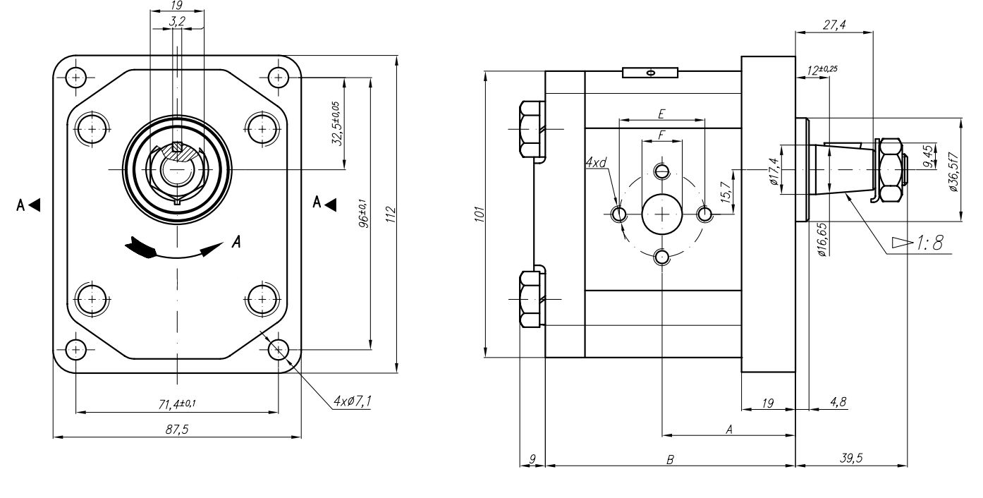 Pompe hydraulique fixation 4 trous arbre conique 1/8 - 25 cm3, Anti Horaire Pompes hydrauliques ...