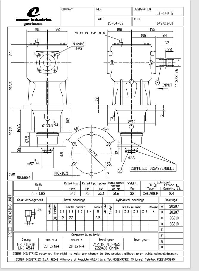 Boitier renvoi d'angle Comer multiplicateur 1:1.83 LF149B 149016