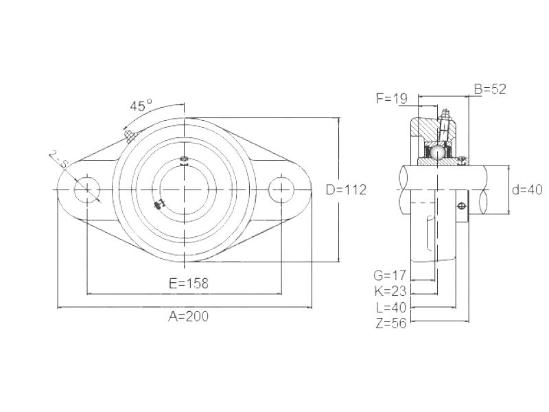 Palier 2 trous à flasque ovale UCFL308 Ø40 mm - entraxe 158 mm